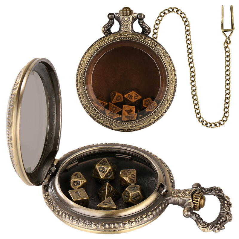 7 X Metal Polyhedral Dice Transparent Pocket Watch Case Role Play Games ...