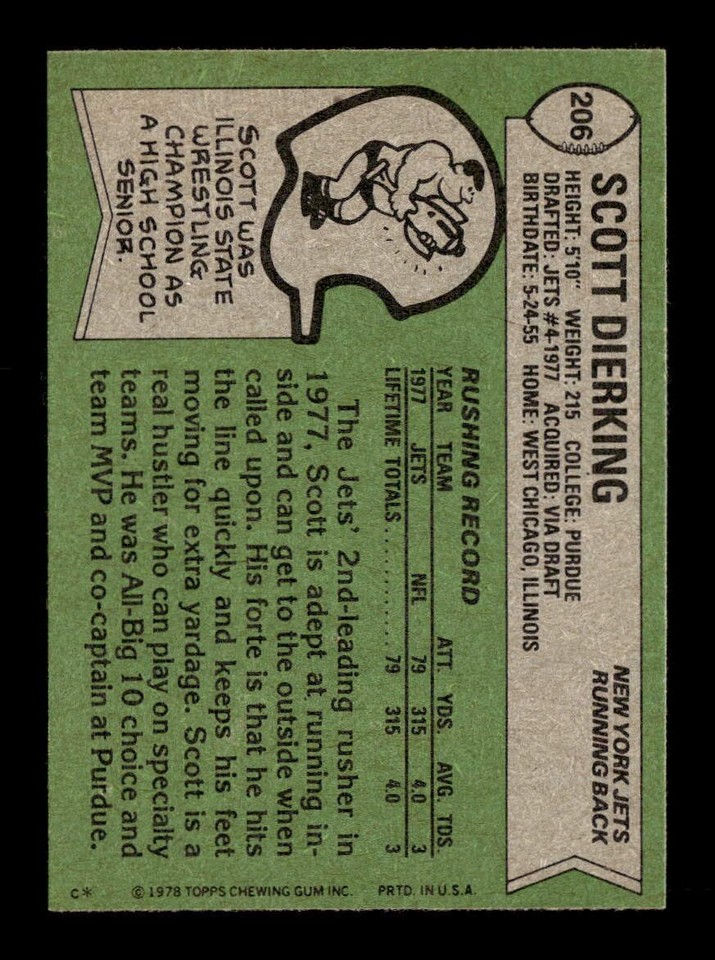 1978 Topps #206 Scott Dierking New York Jets Rookie RC EX+ Football ...