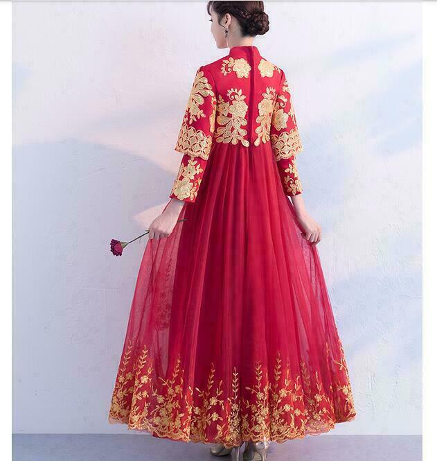 Womens Long Ball Gown Gauzy Wedding Chinese Style Maxi Embroidery ...