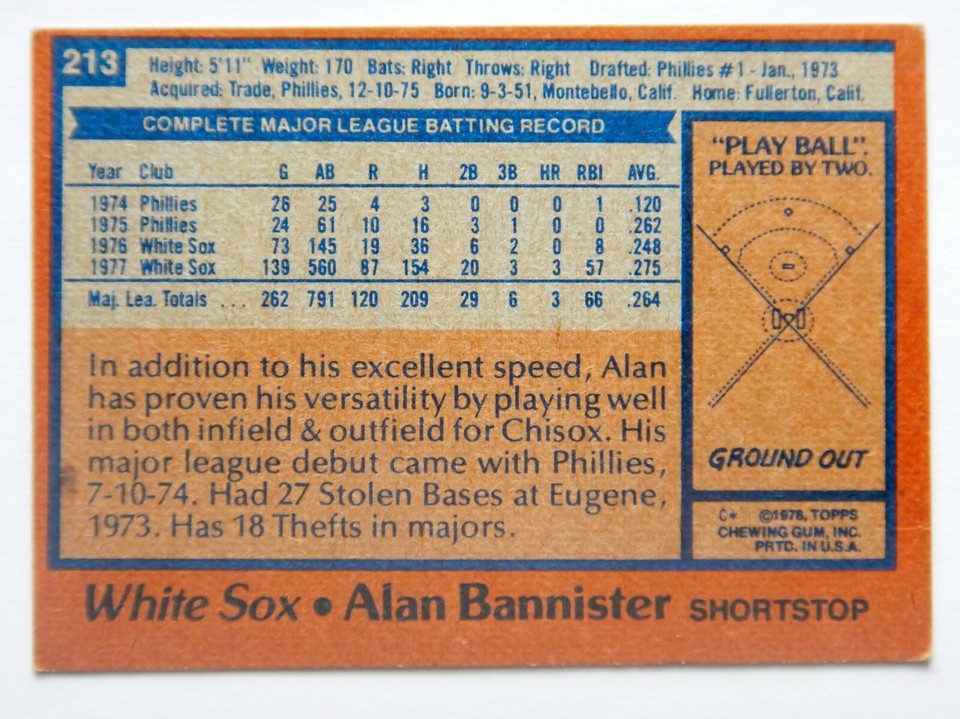 Alan Bannister #213 Topps 1978 Baseball Card (Chicago White Sox) *E | eBay