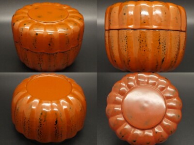 Japan Lacquer Wooden Tea caddy Chrysanthemum shaped Negoro design Chaki ...