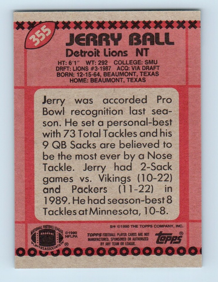 1990 Topps Jerry Ball Detroit Lions #355 | eBay