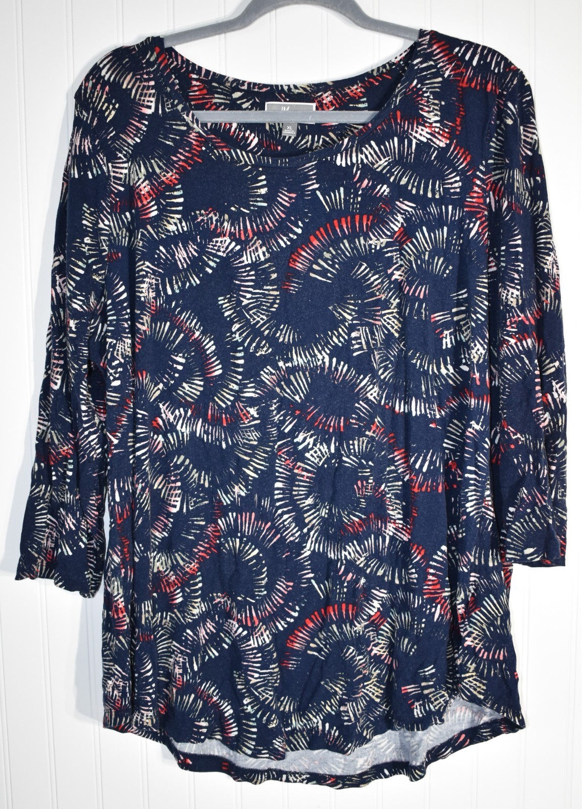 JM Collection Womens Tunic Top Navy Abstract sz XL 3/4 Sleeves Stretch ...