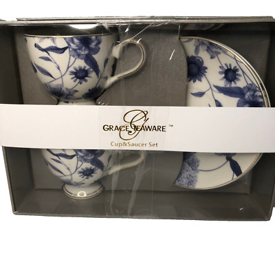 Grace's Teaware Cups & Saucer Set White Blue Floral Boxed Gift New Two ...