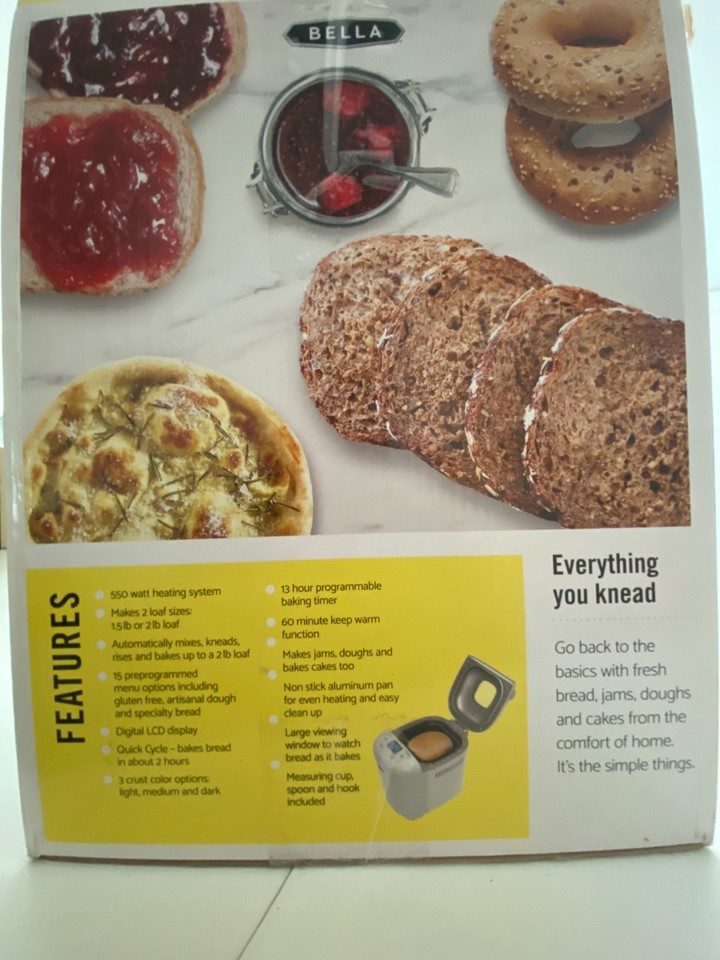 Bella Bread Maker 2Lb | Auto Mixes, Kneads, Rises, Bakes | 15 ...
