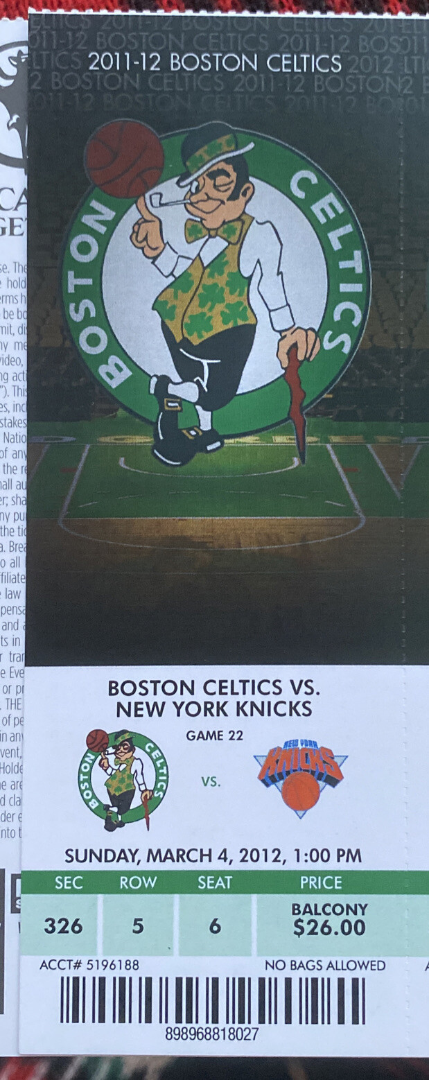 Knicks @ Boston Celtics 2012 NBA Ticket Rajon Rondo Trpl Dbl 17+ Each ...