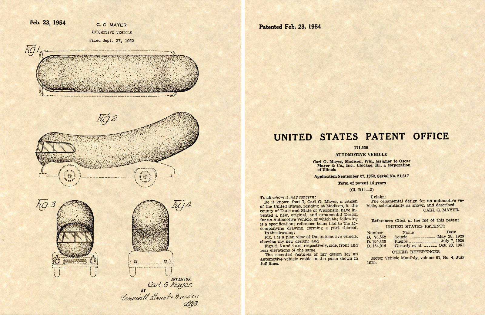 OSCAR MAYER WIENERMOBILE 1954 Patent Art Print READY TO FRAME!! Weiner ...