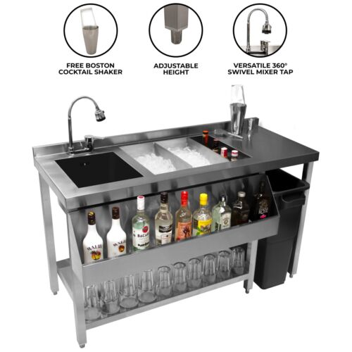Cocktail Bar Station Stainless Steel Insulated Ice Well Sink Speed Rail