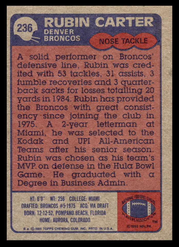 1985 Topps Rubin Carter #236 Denver Broncos NFL Football | eBay
