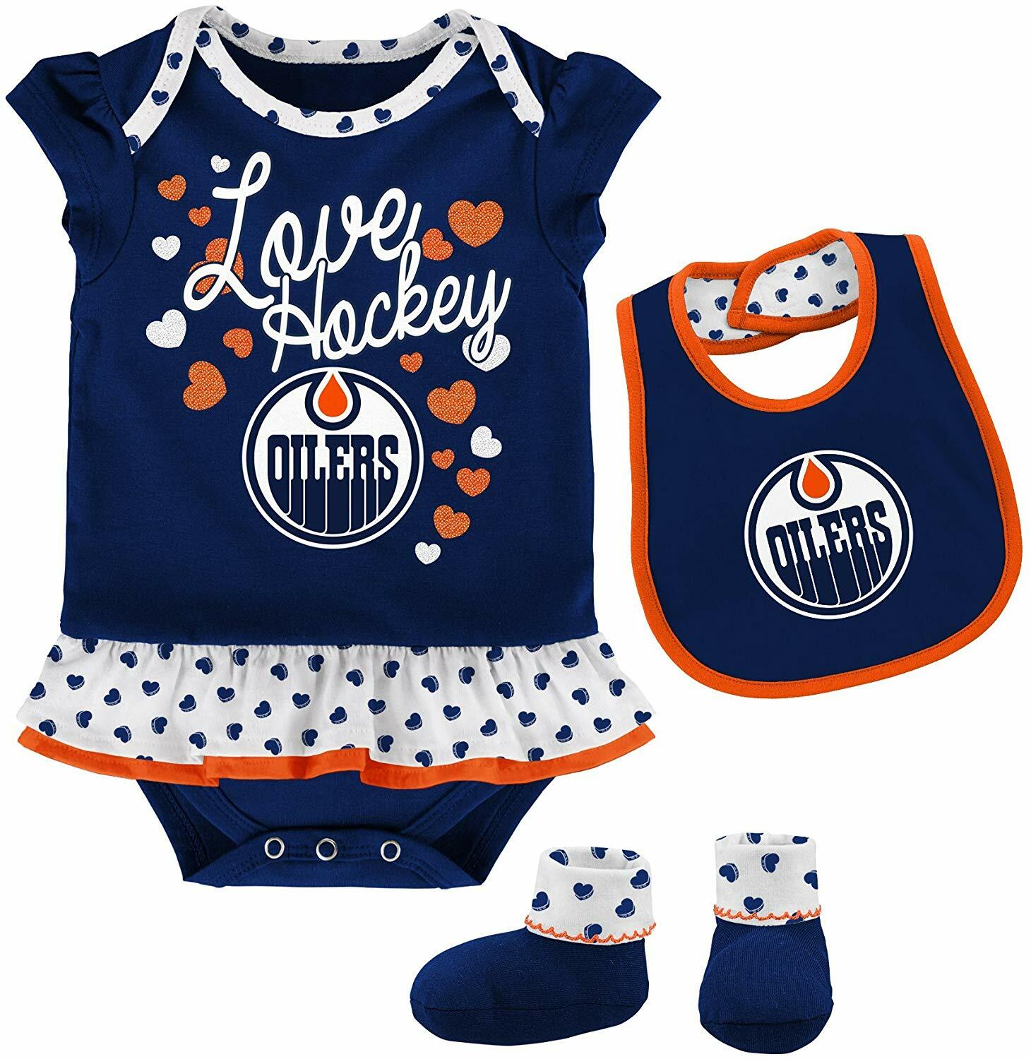 NWT - NHL OILERS Baby 3 Piece Set One Piece + Bib+ Booties Sz 18 months ...