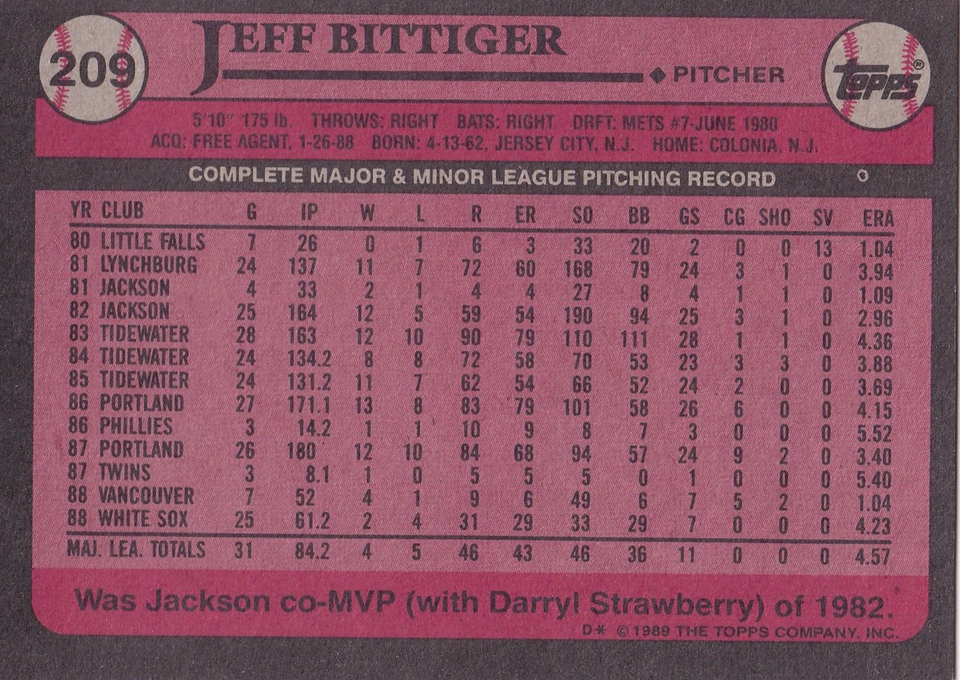 1989 Topps #209 Jeff Bittiger MLB Chicago White Sox + (Yes 3 Free ...