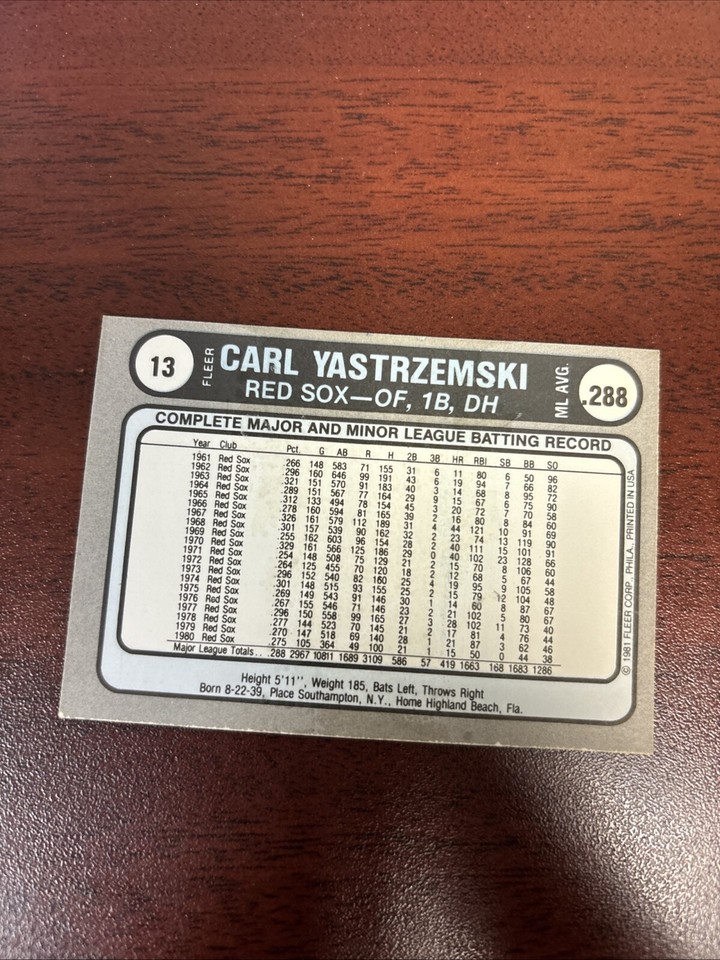 1981 Fleer Star Stickers Carl Yastrzemski #13 Boston Red Sox Combined ...