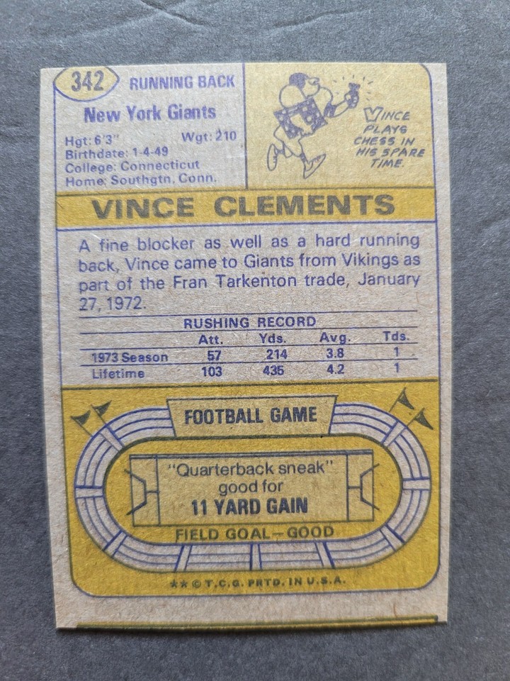 1974 Topps Miscut Error Card #342 VINCE CLEMENTS New York Giants Green ...