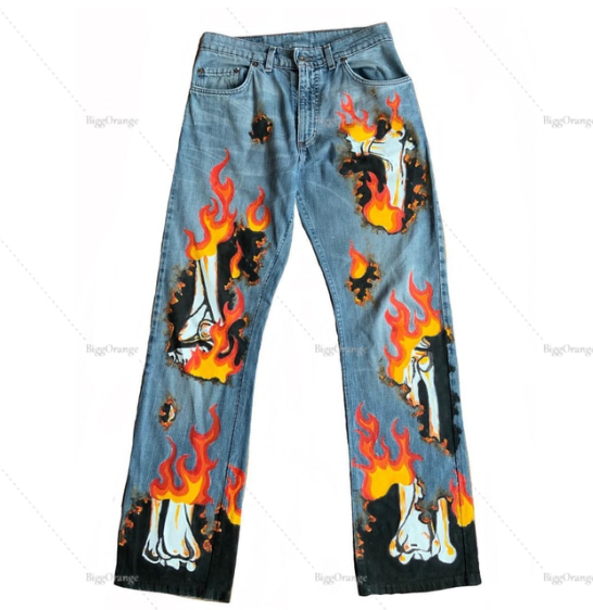 Flame Print Jeans Retro Hip Hop Loose Straight Wide Leg New Fashion ...