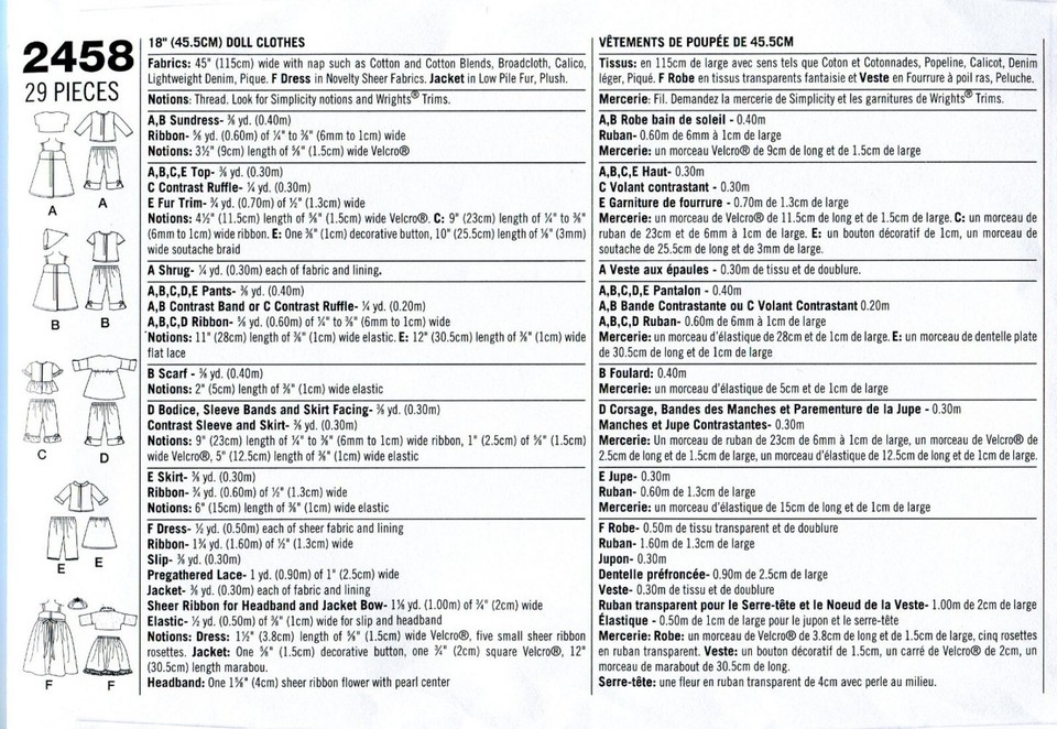 Simplicity 2458 18" Doll Clothes Sewing Craft Pattern Uncut Dress Shrug ...