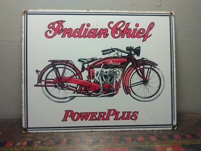 Old vintage INDIAN CHIEF POWERPLUS porcelain sign motorcycle dealership ...
