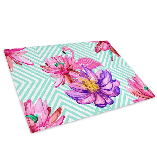 Blue Pink Floral Flamingo Glass Chopping Board Kitchen Worktop Saver ...