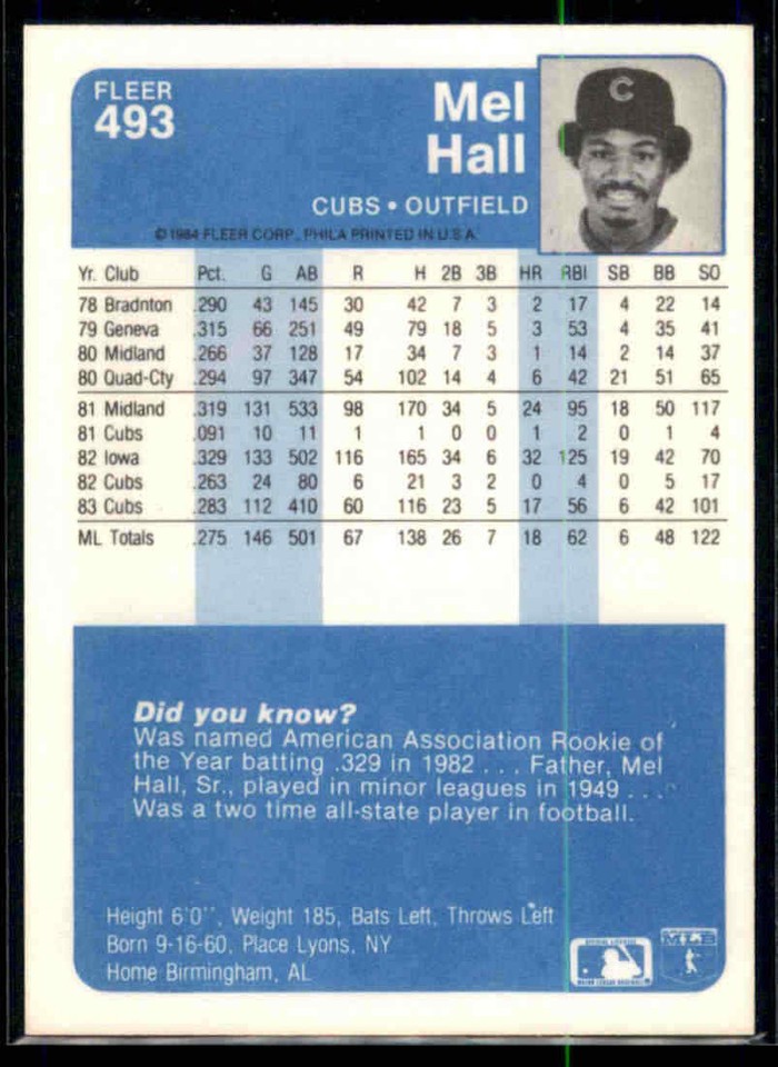 1984 Fleer Mel Hall #493 Chicago Cubs | eBay