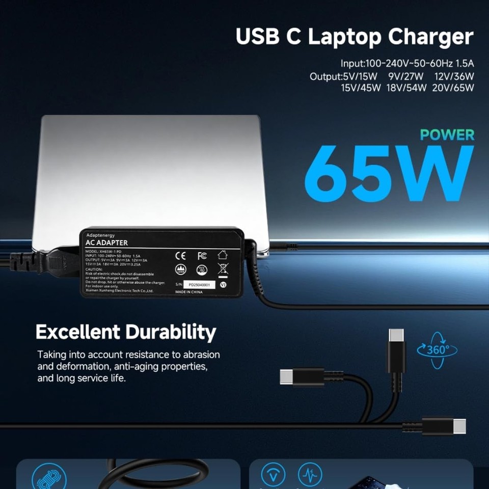 65W USB C Laptop Charger Replacement for HP Lenovo ThinkPad T480s T490 ...