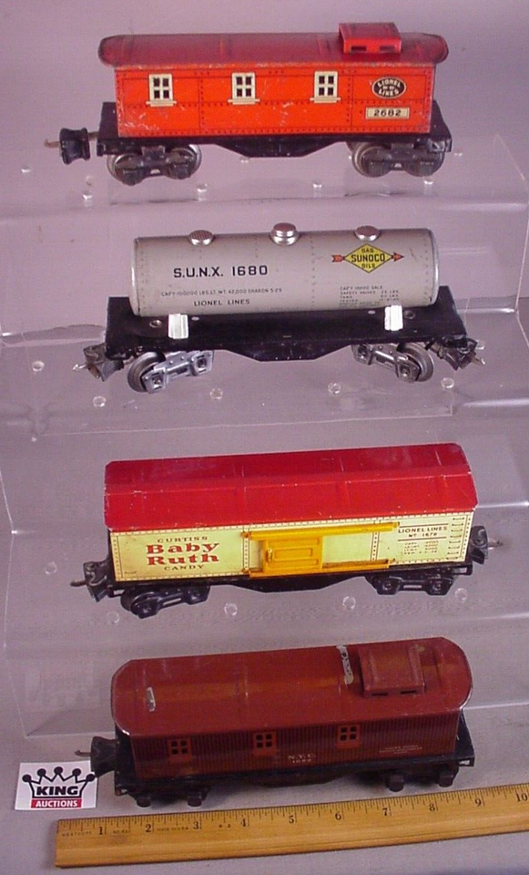 Vintage Pre-War Lionel Trains 4 Metal Tin Cars in O gauge Sunoco Baby ...