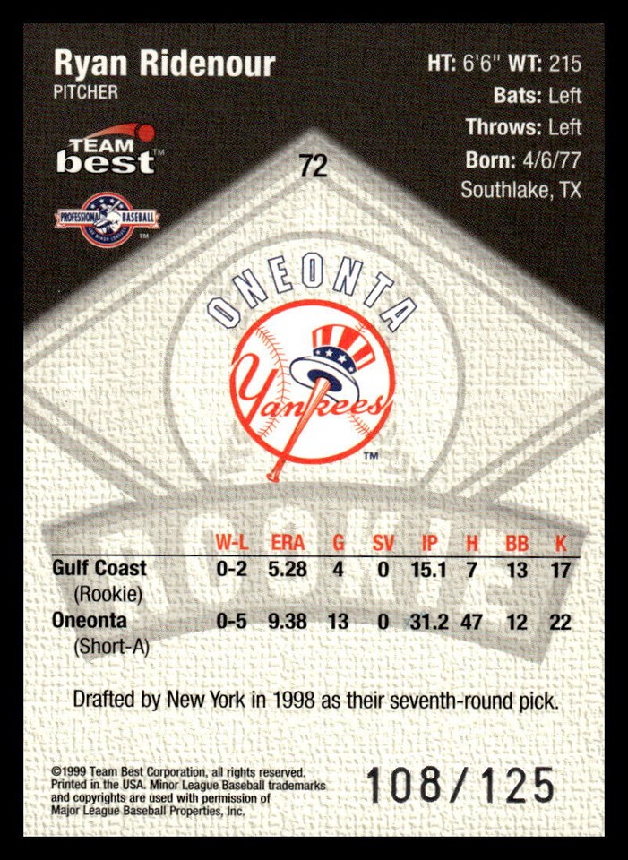 Ryan Ridenour 1999 Team Best Rookie #72 Silver Oneonta Yankees SN ...