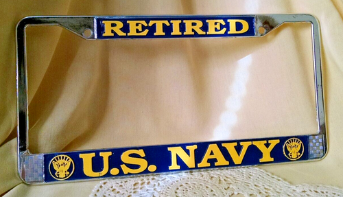 US NAVY RETIRED LICENSE PLATE FRAME SILVER METAL BLUE YELLOW USED ...