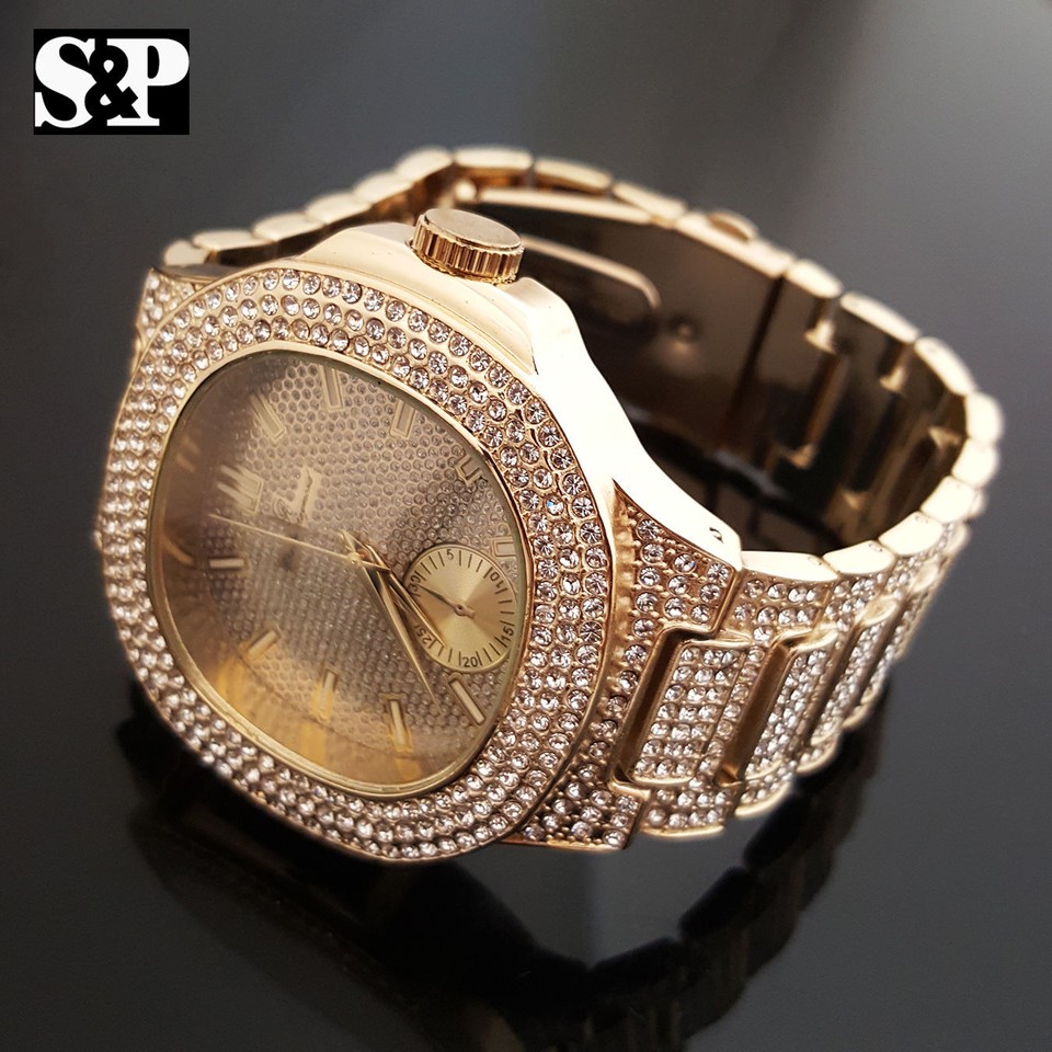 MEN'S HIP HOP QUAVO GOLD PT LUXURY WATCH & FULL ICED CUBAN BRACELET ...