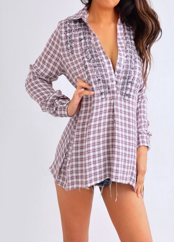 Knox Rose Burgundy Red Gray Silver Metallic Plaid Shirt Top XS Extra ...