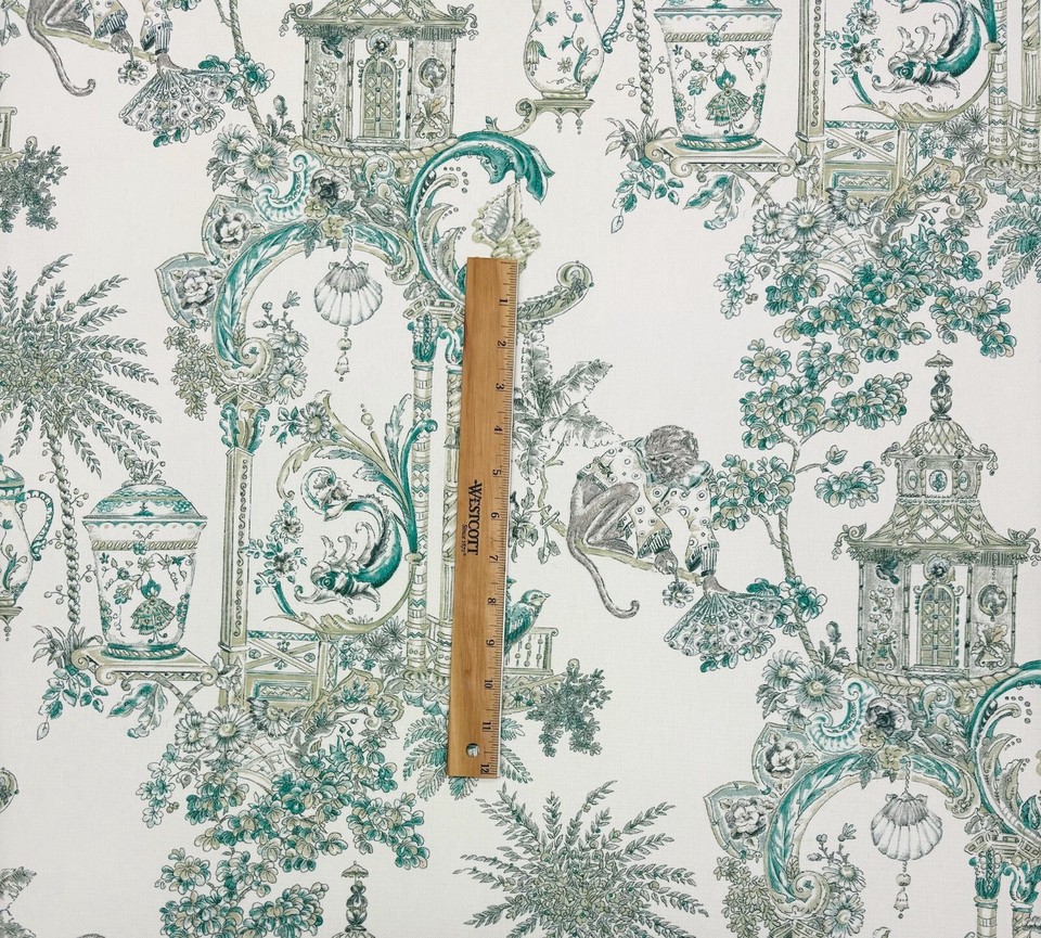 VILBER SIAM TOILE VERT GREEN MONKEY ORIENTAL TEMPLE COTTON FABRIC 7.5 ...