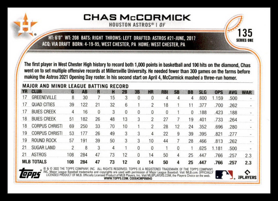 2022 Topps Chas McCormick #135 Houston Astros | eBay