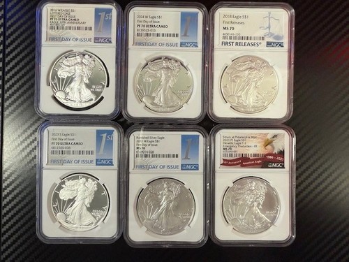 Silver Eagle Ultra Cameo and MS 70 lot of (6). PLUS 1/10 oz Gold Eagle ...