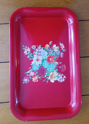 Vintage Metal Tray Red Floral Flowers 14x9 Breakfast Lap Serving Work ...