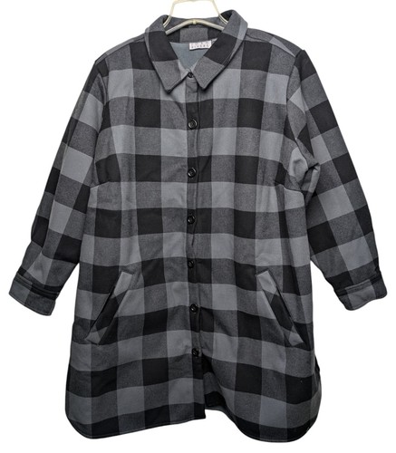 Joan Rivers Flannel Coat Fleece Lined Black Gray Buffalo Check Plaid ...