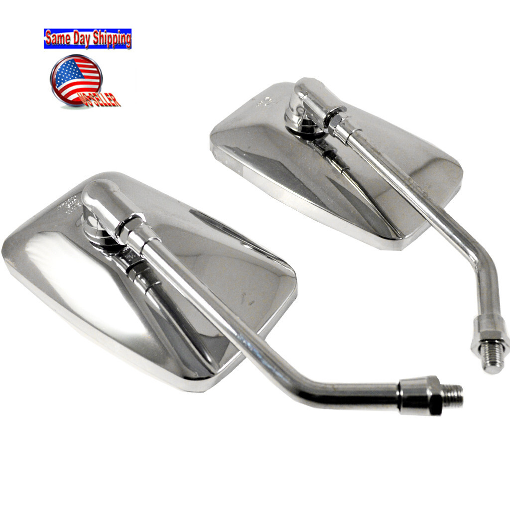 Chrome Motorcycle Mirrors Pair Rectangular Stock Style Long Stem 10mm ...