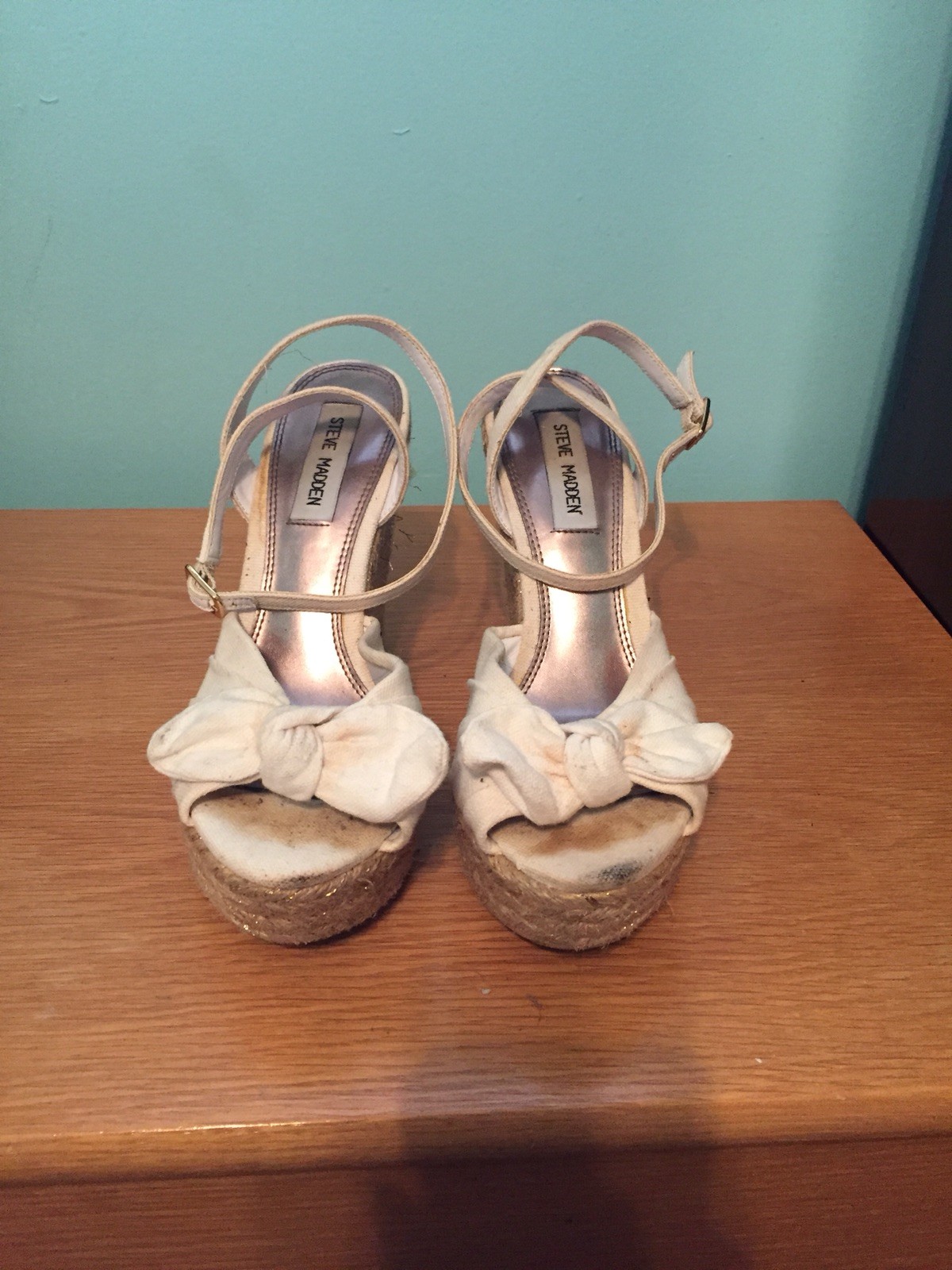 Steve Madden Size 7 Glisten Wedge White Open Toe Wedges with bow | eBay