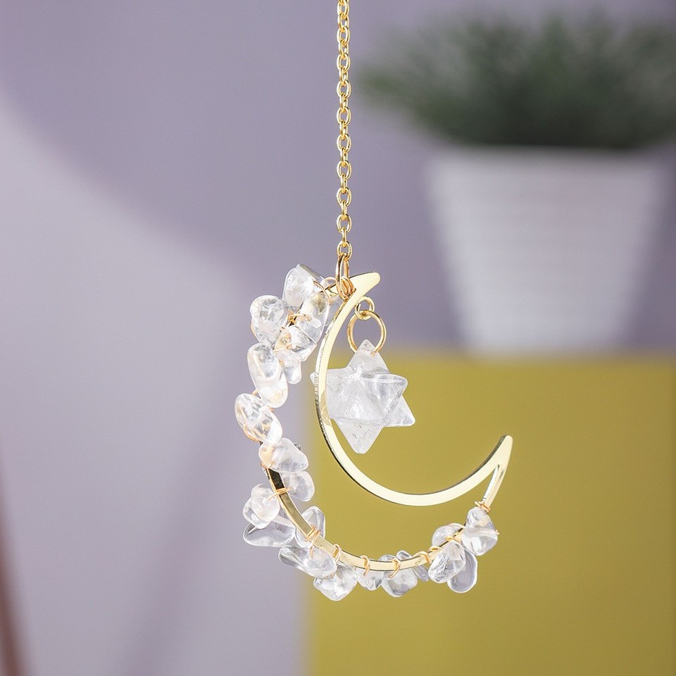 Natural Crystal Merkaba Pendant Moon Shape Stone Chips Wrapped Pendant ...