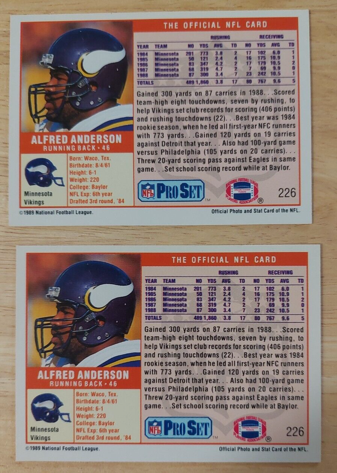 1989 Pro Set - #226 Alfred Anderson. Both cards. | eBay
