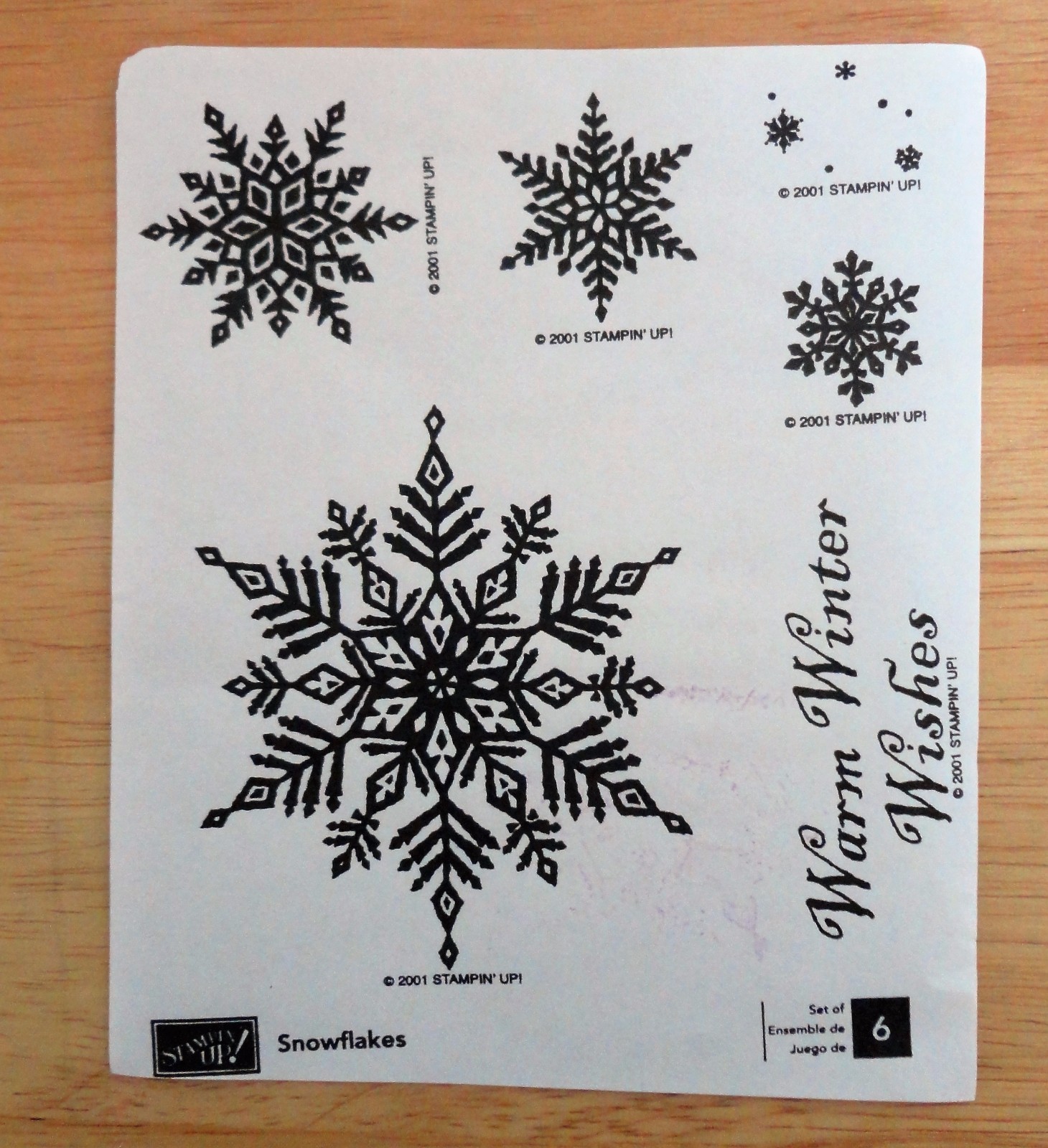 2001 Stampin Up SNOWFLAKES 6pc RUBBER INK STAMP SET Large 3" Snowflake ...