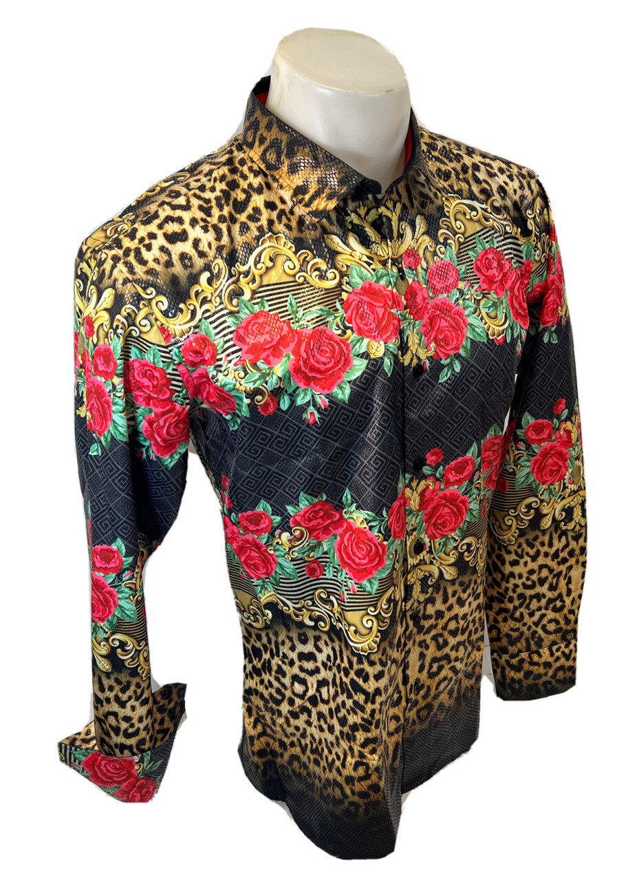Button Down SHIRTS MEN BAROQUE LONG SLEEVE BLACK LEOPARD ROSES ...