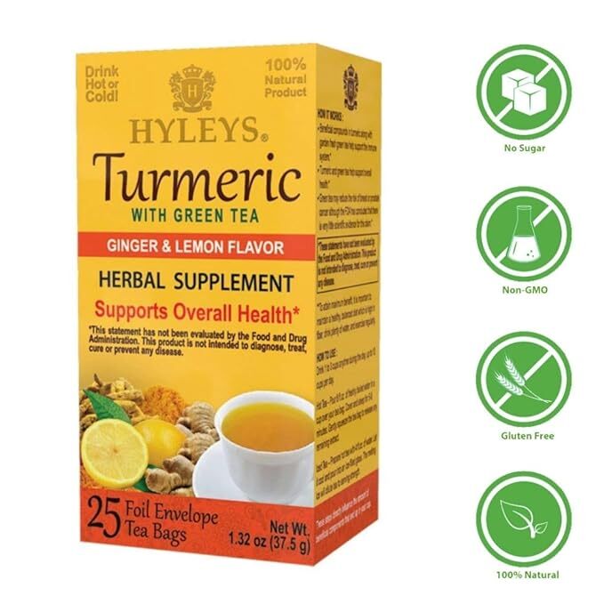 Hyleys 100% Natural Turmeric Tea Green Tea w/ Ginger & Lemon Flavor, 25 ...