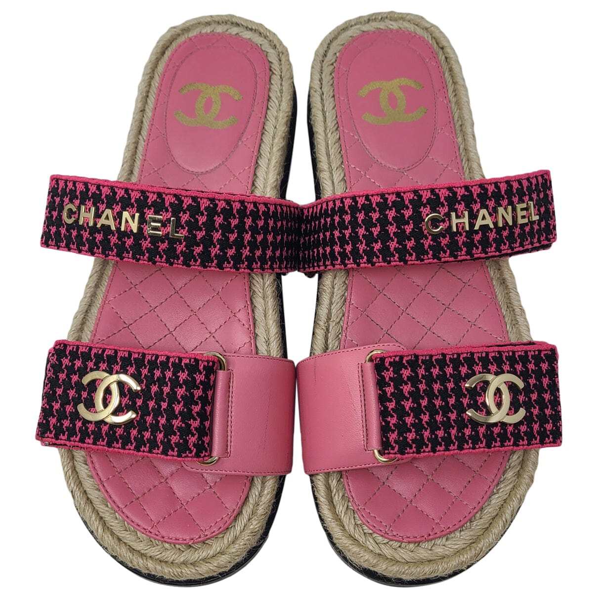 Chanel Pink Black Tweed Interlocking CC Slide sandals… - Gem