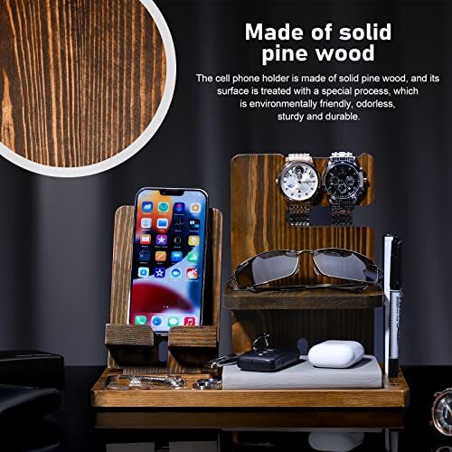 Homde Gifts for Men Solid Wood Phone Key Holder Wallet Stand Watch ...