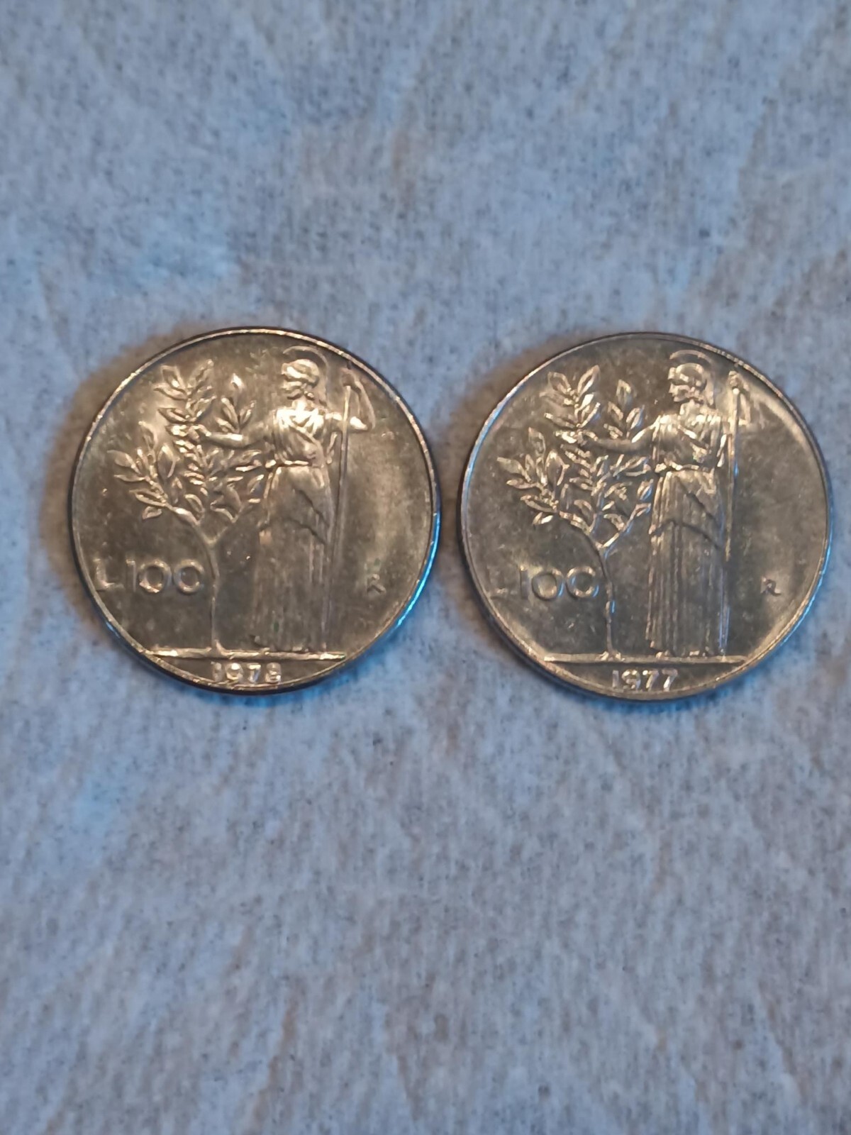 Italian L100 coin, two. one 1977, and one 1978 stainless steel coins ...