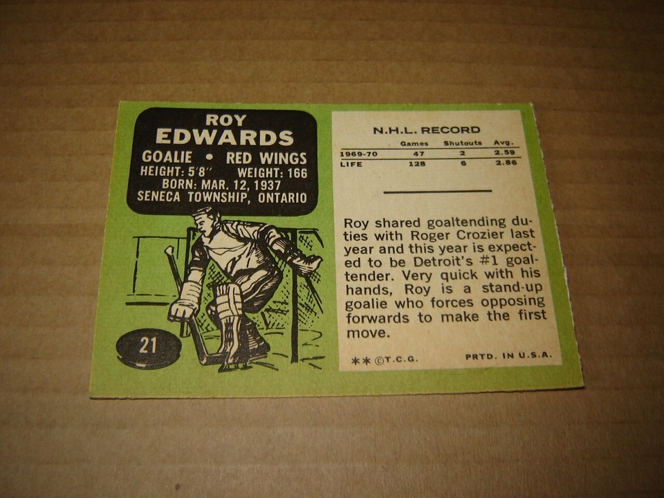 1970-71 Topps Hockey card # 21 NM Roy Edwards Detroit Red Wings goalie ...