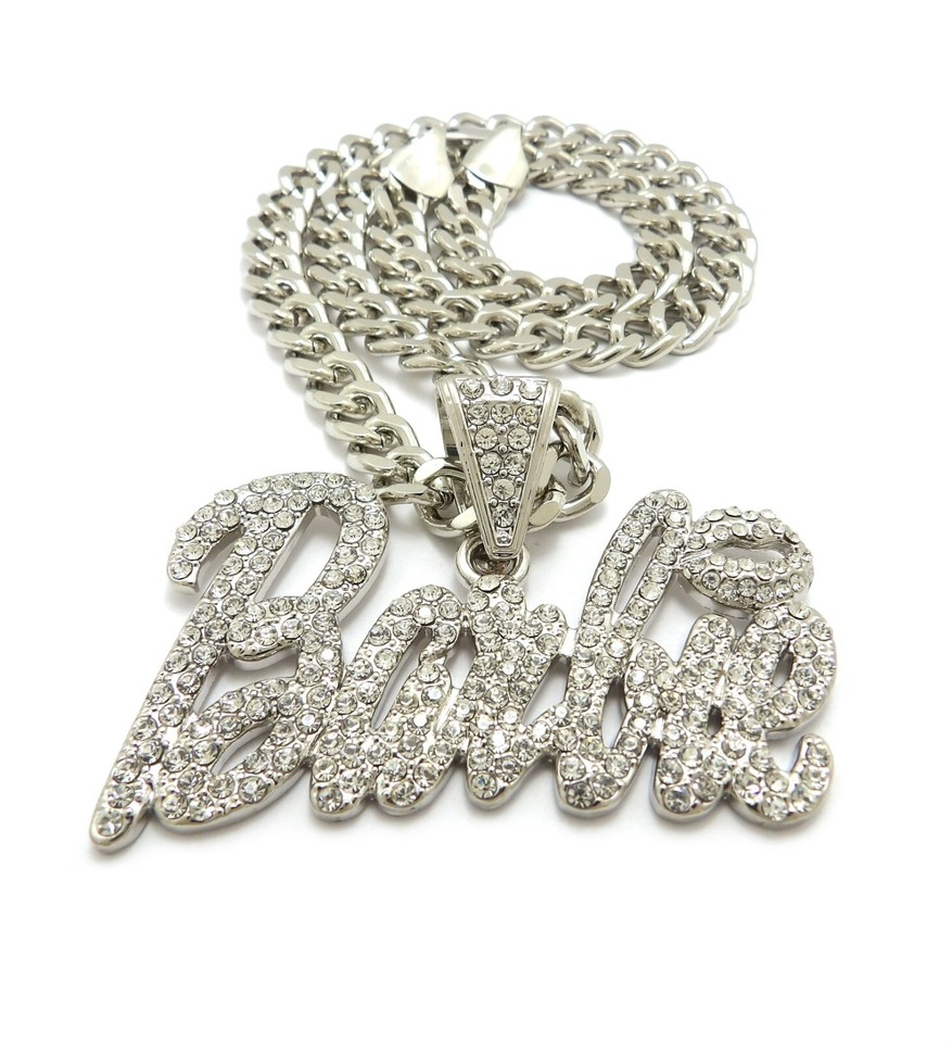 New Barbie Pendant & 9mm 18" Cuban Chain Necklace White Gold Plated* | eBay