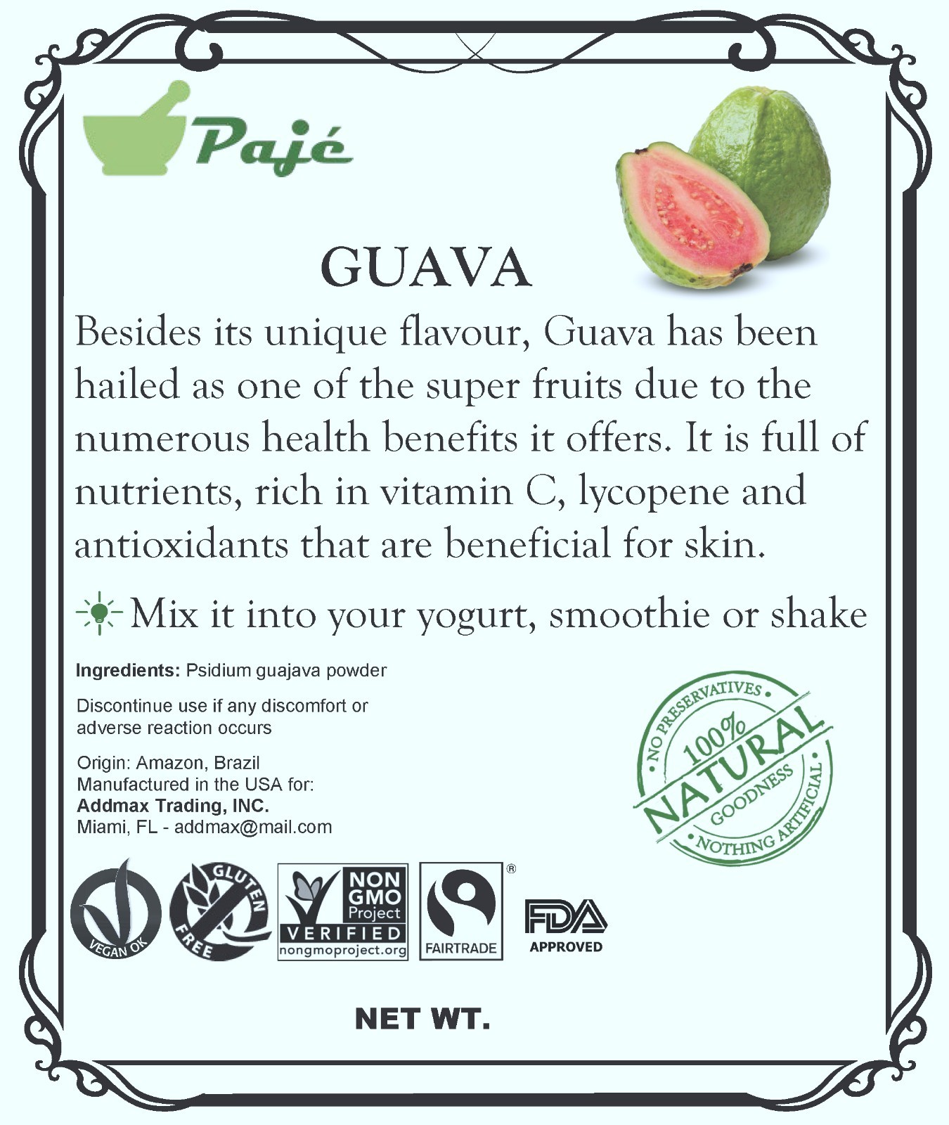 GUAVA goiaba fruit powder 16oz 1lb PAJE protect cells, folate , mg, cu ...
