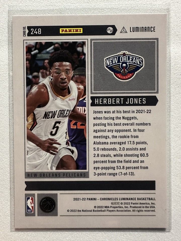 2021-22 Panini Chronicles Luminance - Herbert Jones - RC - BRONZE ...