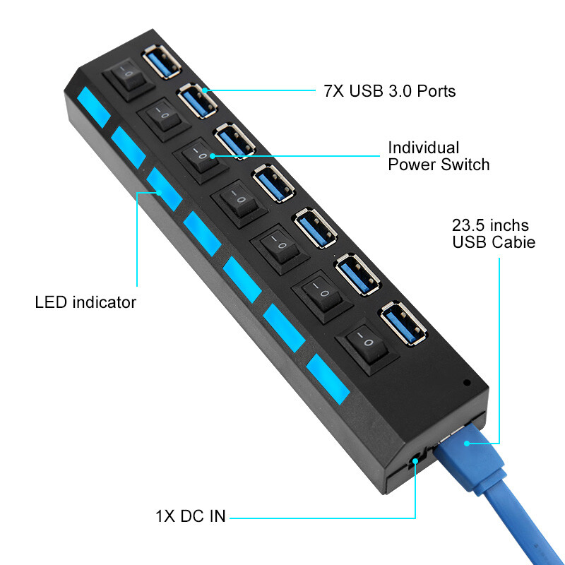 7 Port USB HUB 3.0 Powered Cable with High Speed Splitter Extender ...
