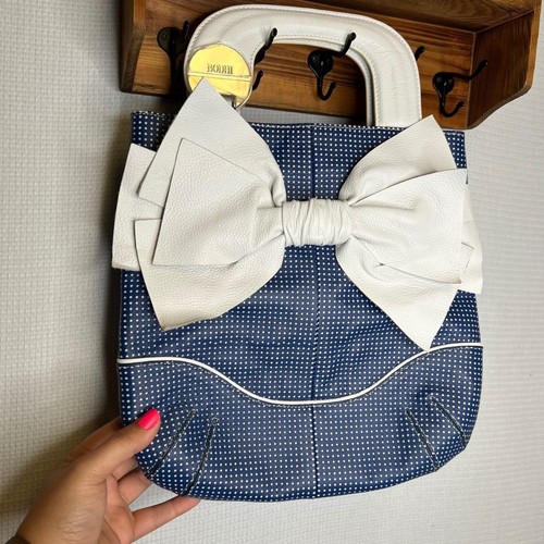 Bodei Blue Polka Dot Bow Tote Bag Purse White Handle Unique Designer | eBay