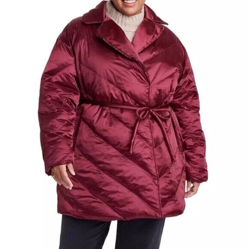Puffer Jacket 1X 2X Berry Red Snap Car Winter Coat Quilted Mid Length ...